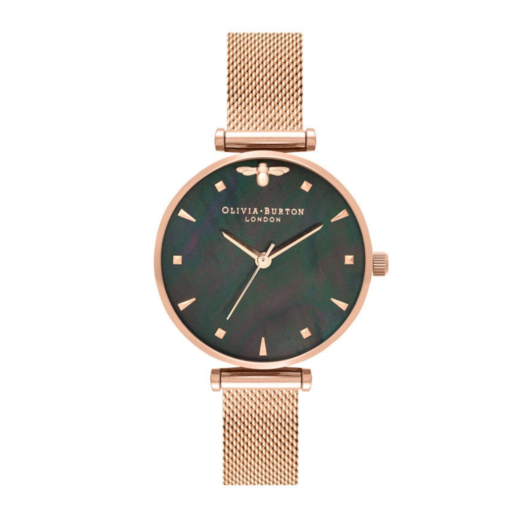Queen Bee Black Mother of Pearl Dial Rose Gold Mesh Watch - Seven Season
