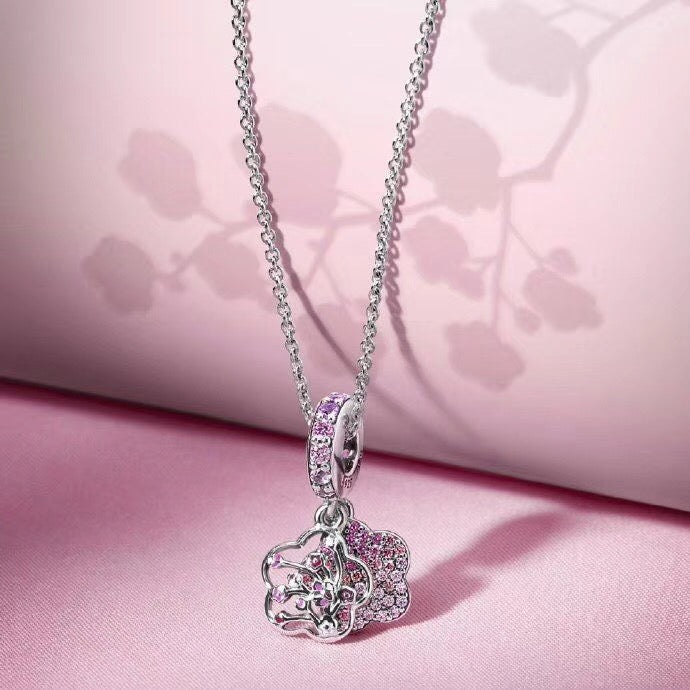 Pave Peach Blossom Flower Pendant Necklace