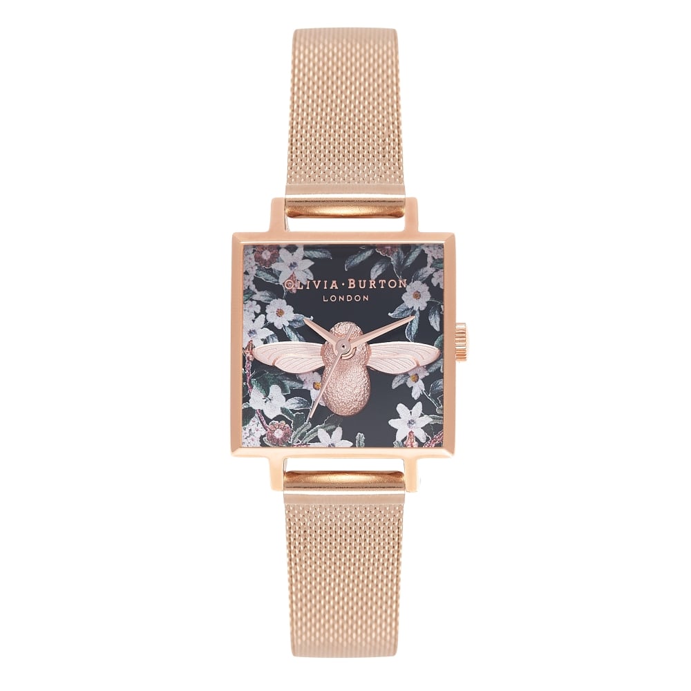 3D Bee Bejewelled Florals Square Dial Rose Gold Mesh Watch - Seven Season